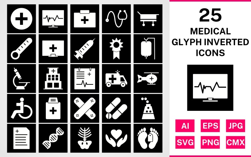 25 Medical Glyph Inverted Icon Set #126076 - TemplateMonster