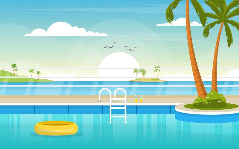 Swimming Pool Morning View - Illustration - TemplateMonster
