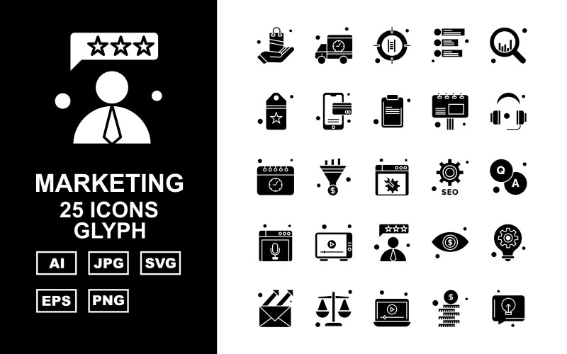 25 Premium Marketing Glyph Icon Set #136245 - TemplateMonster