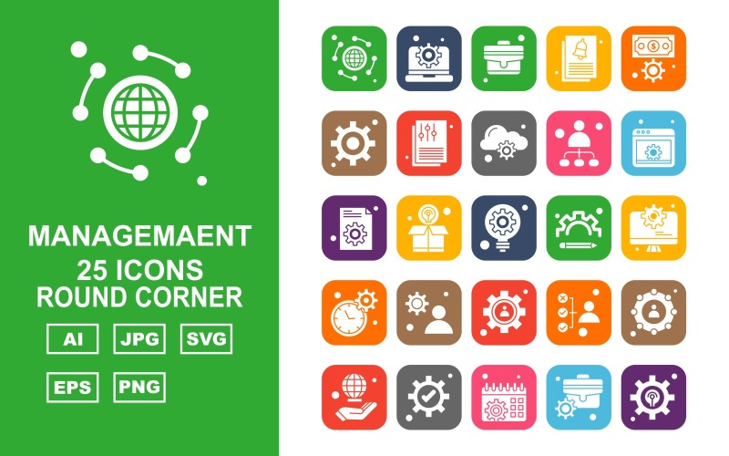 25 Premium Management Round Corner Icon Set - TemplateMonster