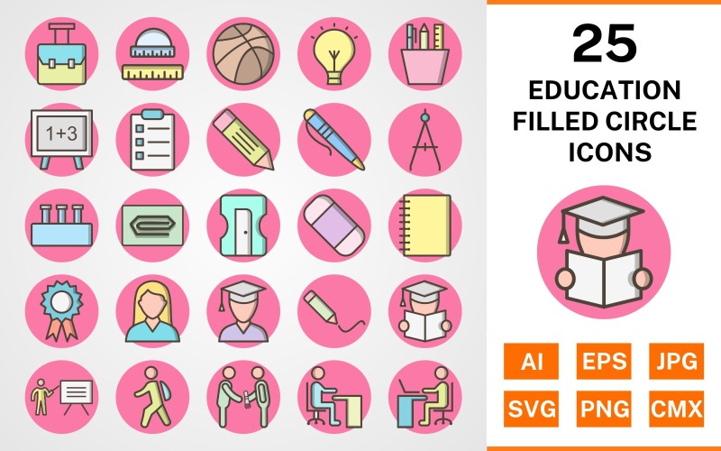 25 Education Filled Circle Icon Set #143393 - TemplateMonster