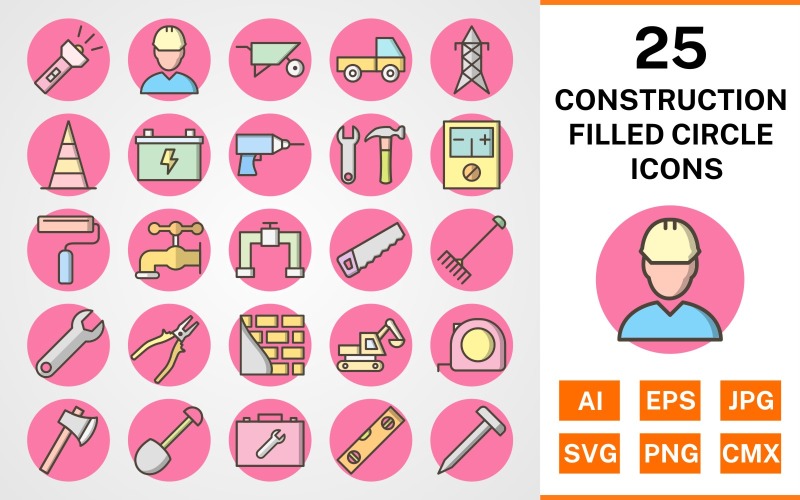 25 Construction Filled Circle Icon Set - TemplateMonster