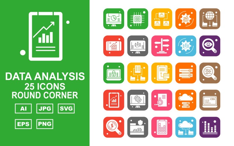 25 Premium Data Analysis Round Corner Icon Pack Set