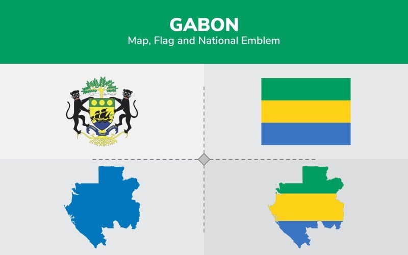 Carte du Gabon, drapeau et emblème national - Illustration
