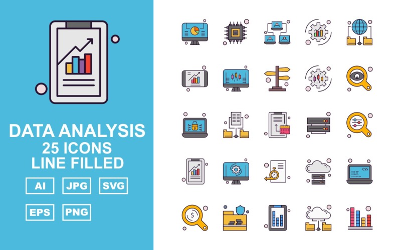 25 Premium Data Analysis Line Filled Icon Pack Set