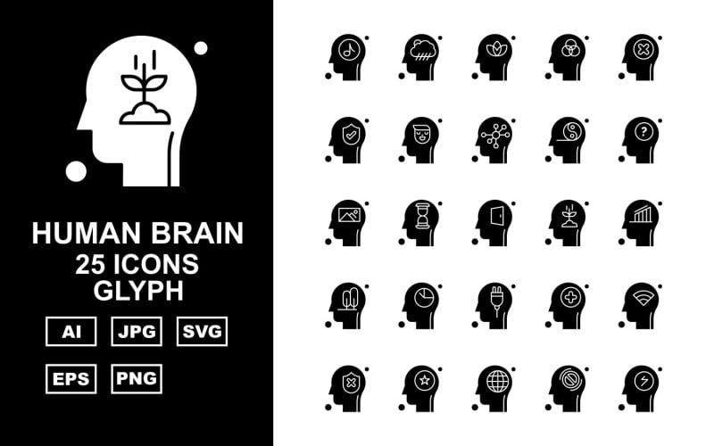 25 Premium Human Brain Glyph Icon Set - TemplateMonster