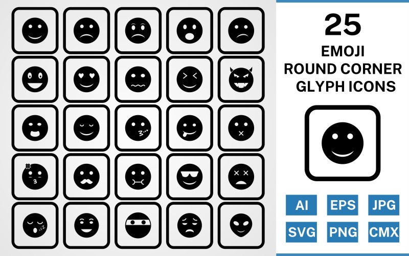 25 Emoji Round Corner Glyph Black Icon Set - TemplateMonster