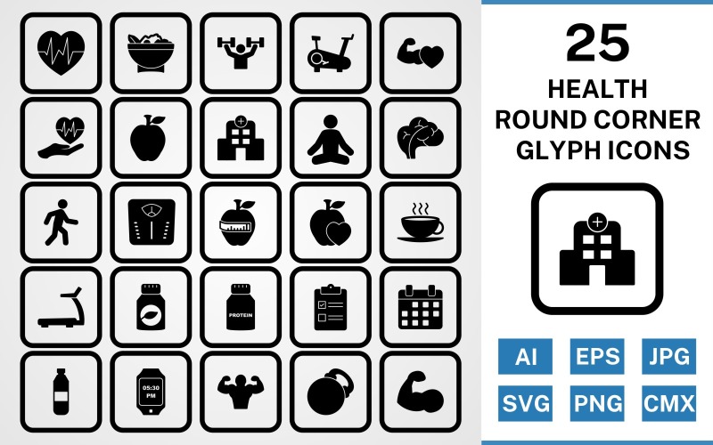 25 Health Round Corner Glyph Black Icon Set - TemplateMonster