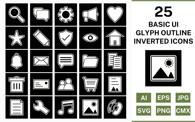 25 Basic ui Glyph Outline Inverted Icon Set - TemplateMonster