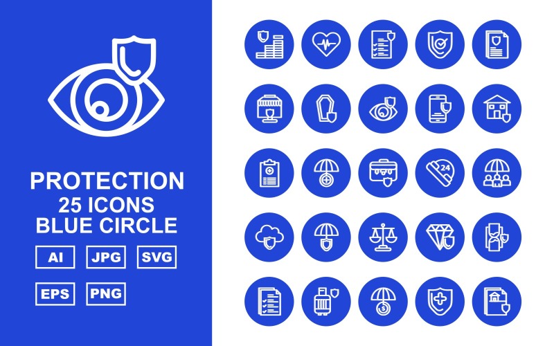 25 Premium Protection Blue Circle Icon Set - TemplateMonster