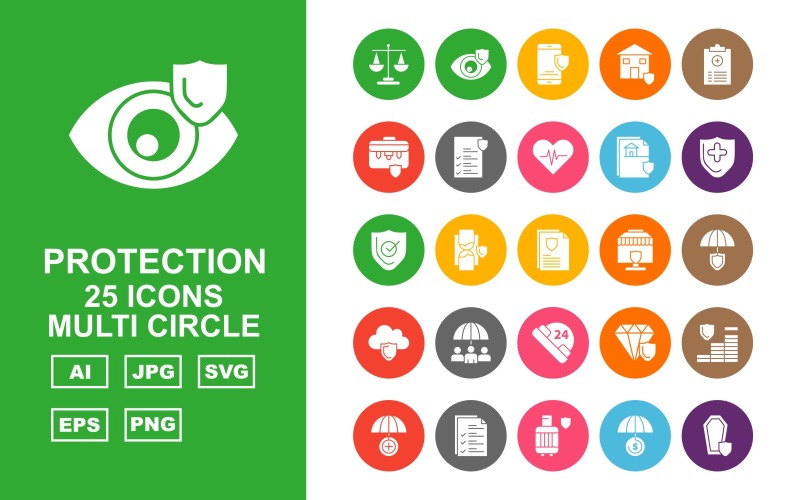 25 Premium Protection Multi Circle Icon Set - TemplateMonster