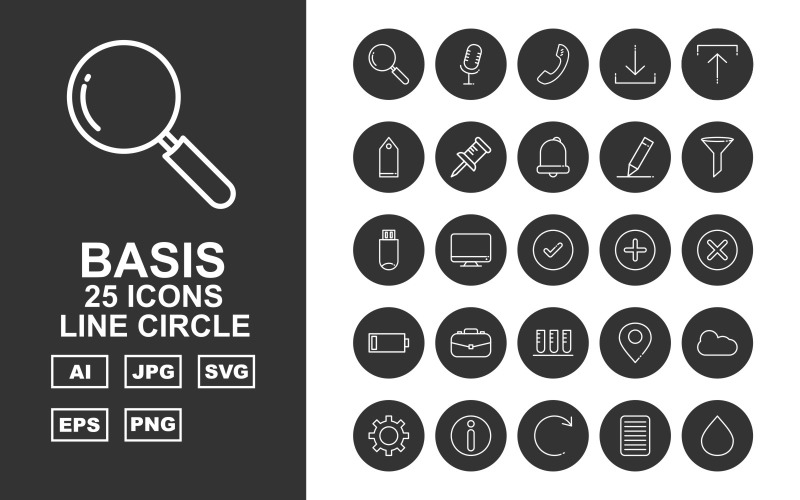25 Premium Basic Line Circle Icon Set - TemplateMonster
