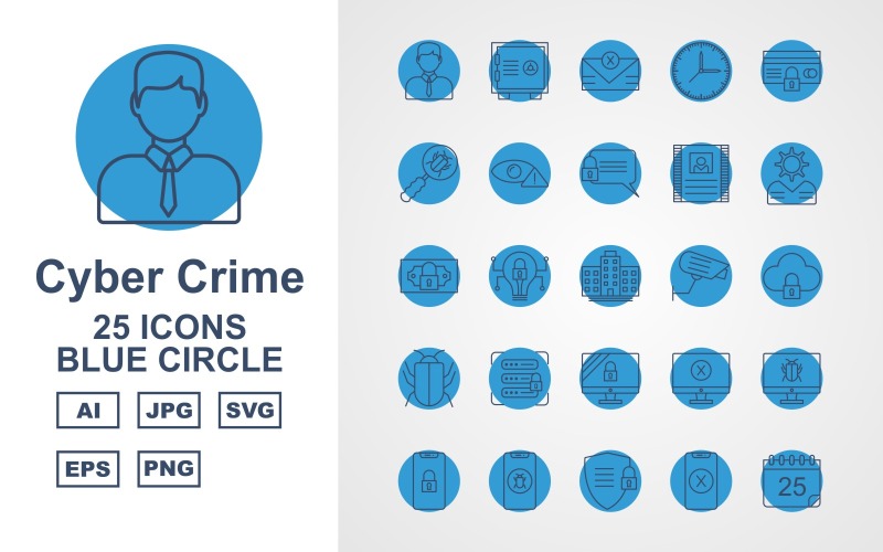 25 Premium Cyber Crime Blue Circle Icon Set - TemplateMonster