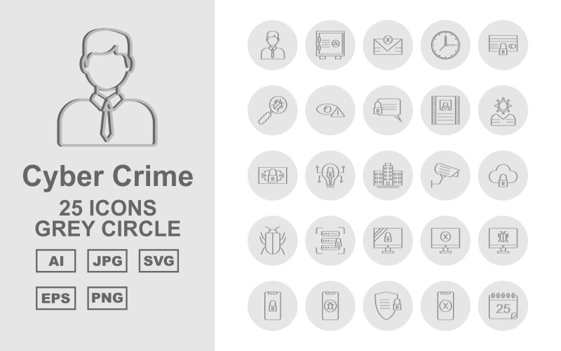 25 Premium Cyber Crime Grey Circle Icon Set - TemplateMonster