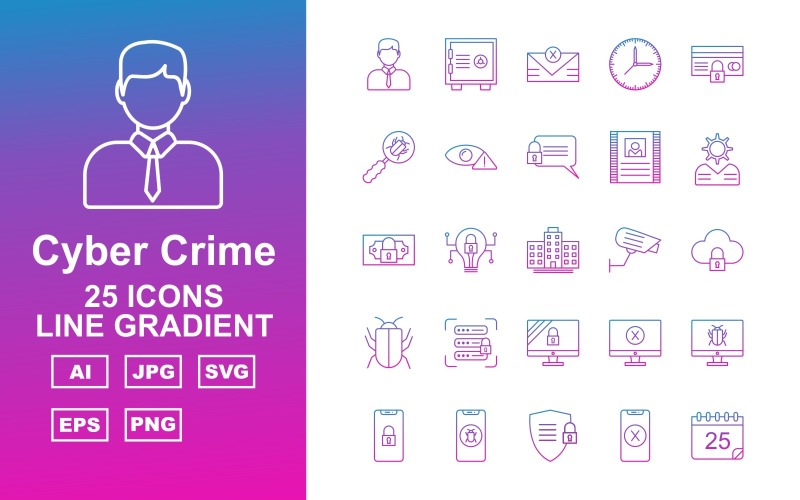 25 Premium Cyber Crime Line Gradient Icon Set