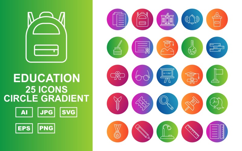 25 Premium Education Circle Gradient Pack Icon Set