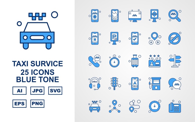 25 Premium Taxi Survice Blue Tone Icon Set - TemplateMonster