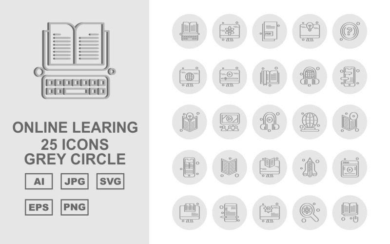 25 Premium Online Learning Grey Circle Icon Set