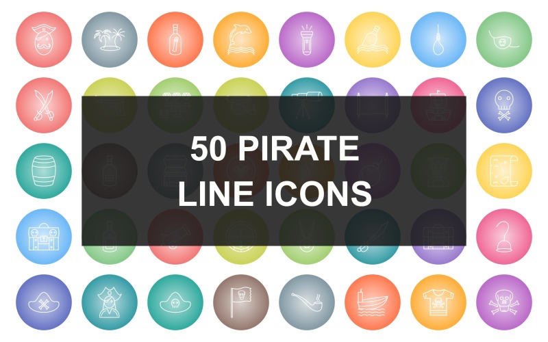 50 Pirate Line Round Gradient Icon Set - TemplateMonster