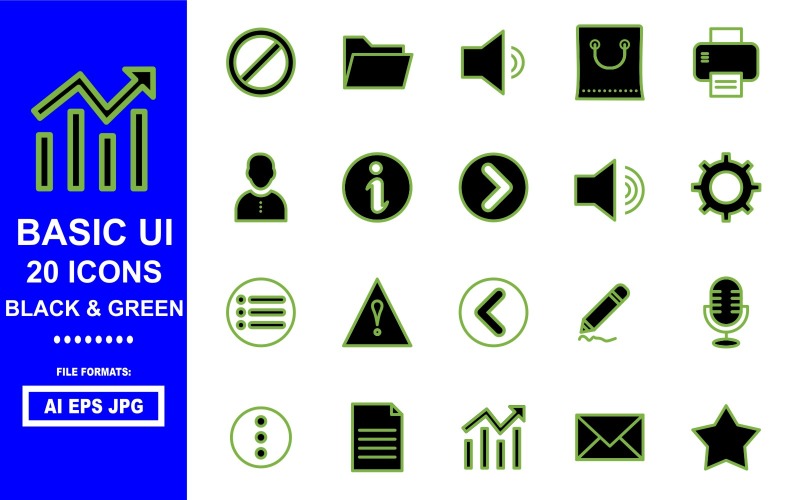 20 Basic UI Black & Green Icon Pack - TemplateMonster