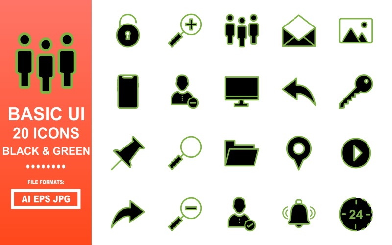 20 Basic UI Black & Green Icon Pack - TemplateMonster