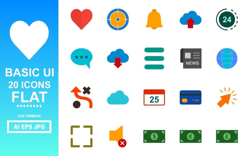 20 Basic UI Flat Icon Pack #167248 - TemplateMonster