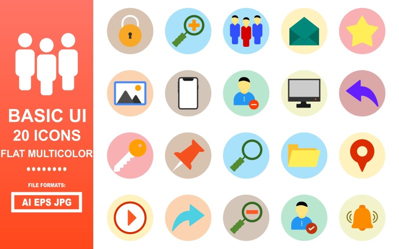 20 Basic UI Flat Multicolor Icon Pack - TemplateMonster