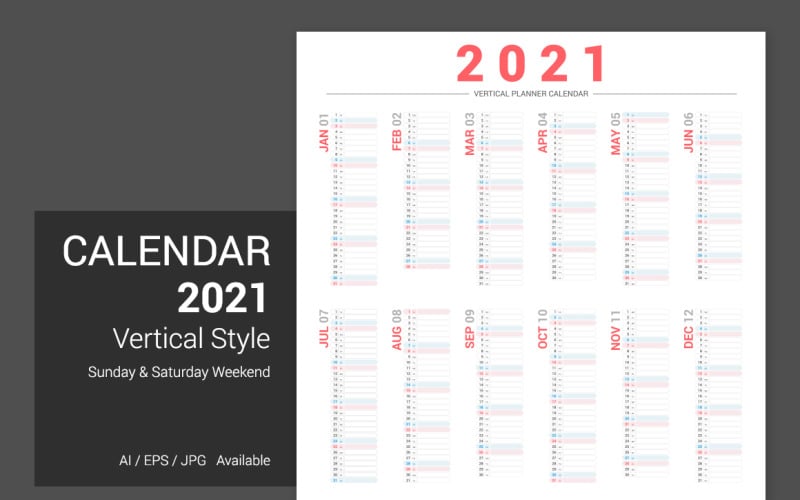 Calendar 2021 Vertical Design Saturday and Sunday Weekend With Text ...