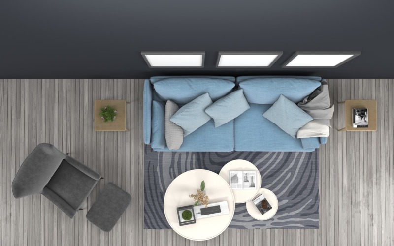 Top View Living Room Sky Blue Sofa Product Mockup