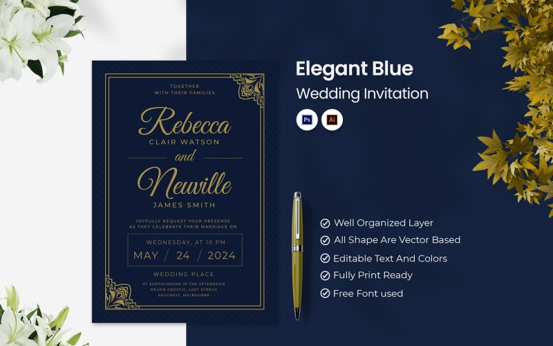 Elegant Blue Wedding Invitation #184292 - TemplateMonster