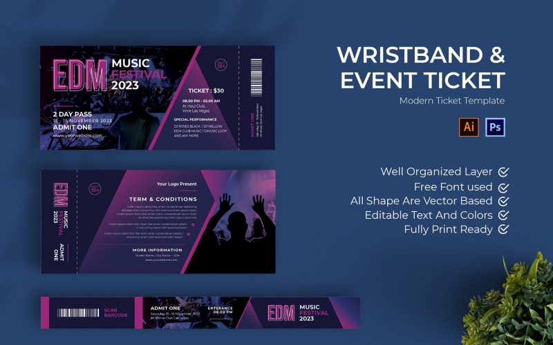 Electronic Music Ticket Print Template - TemplateMonster