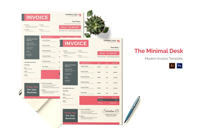 Minimal Desk Invoice Print Template #184972 - TemplateMonster