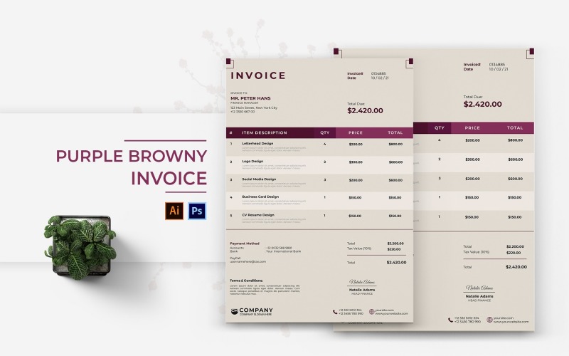 Purple Browny Invoice Print Template - TemplateMonster