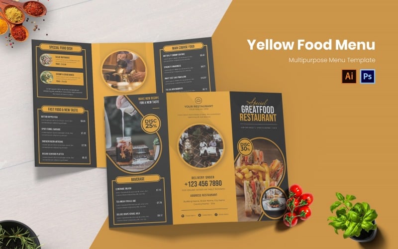 Yellow Black Food Menu Print Template - TemplateMonster