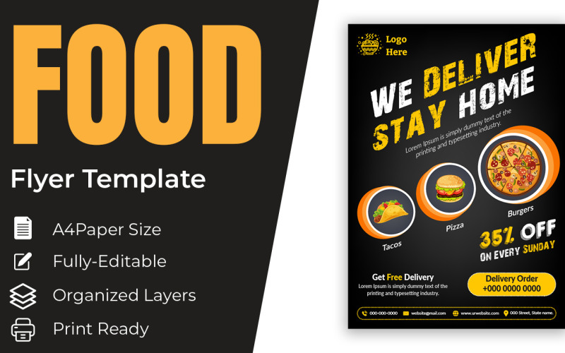 Delivery Food Concept Flyer Modelo de vetor de design de folheto