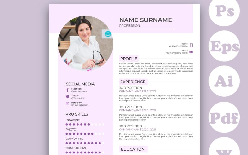 Minimalist Pink CV Template For #190342 - TemplateMonster