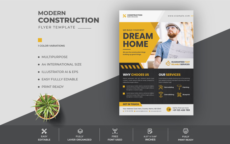 Creative Modern Corporate Yellow Color scheme Construction Flyer Design ...