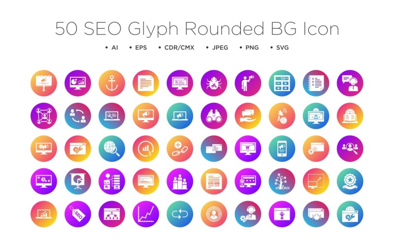 50 SEO Glyph Rounded BG Icons Set #191149 - TemplateMonster