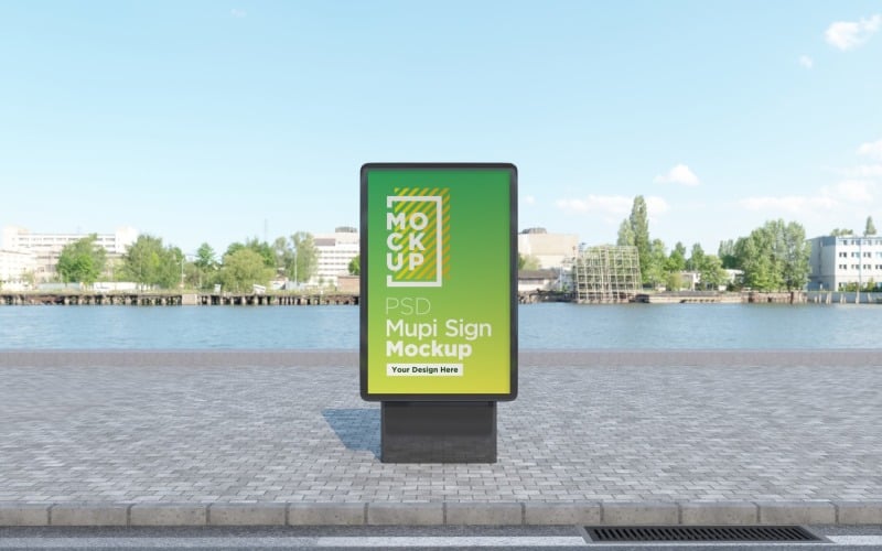 Mupi signage at city street 3d rendering design template