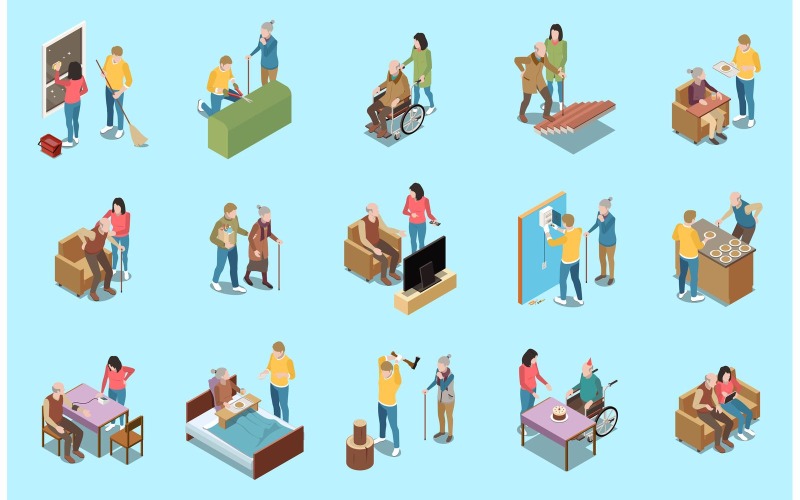 Elderly People Professional Social Help Service Isometric Set Vector ...