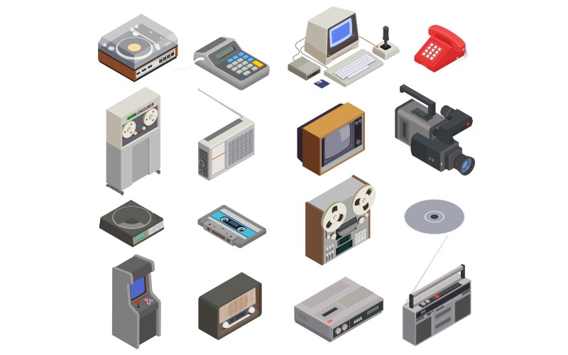 Retro Devices Isometric Set-02-01 Vector Illustration Concept