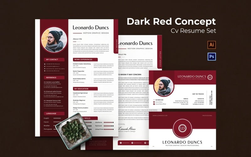 Dark Red Concept Cover Letter CV Resume Set - TemplateMonster