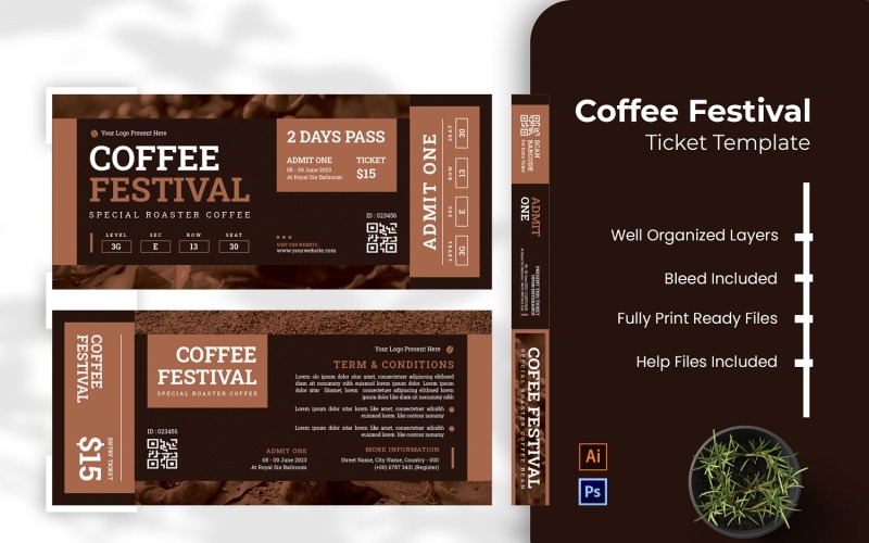 Coffee Festival Ticket Template #208542 - TemplateMonster