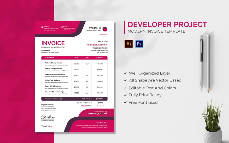 Developer Project Invoice Template #210079 - TemplateMonster