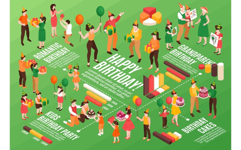 Cumpleaños isométrico felicitando ilustración horizontal 210212142 ...