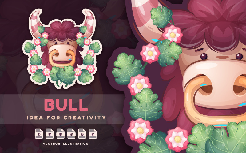 Cartoon Character Animal Bull - Sticker, Graphics Illustration