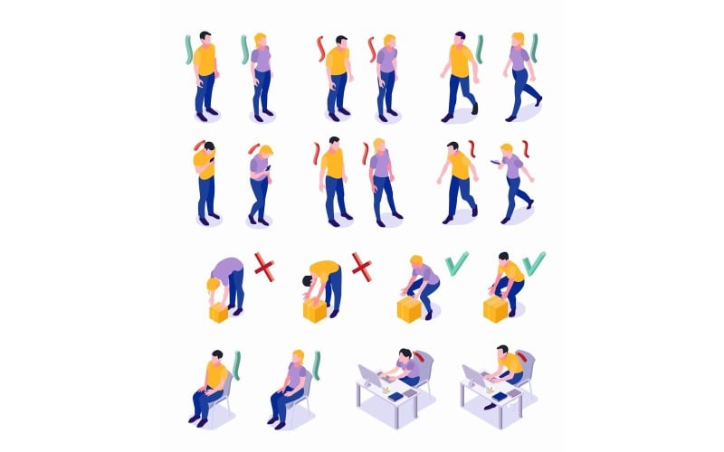 Isometric Man Woman Improper Correct Postures Set 201103215 Vector ...