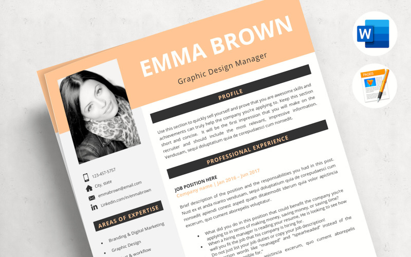 EMMA - Modern CV with Picture for Microsoft Word and Pages and Cover ...