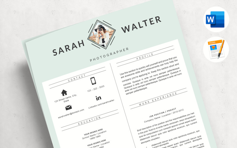 SARAH - Modern and Creative Resume template for Pages and Word with ...
