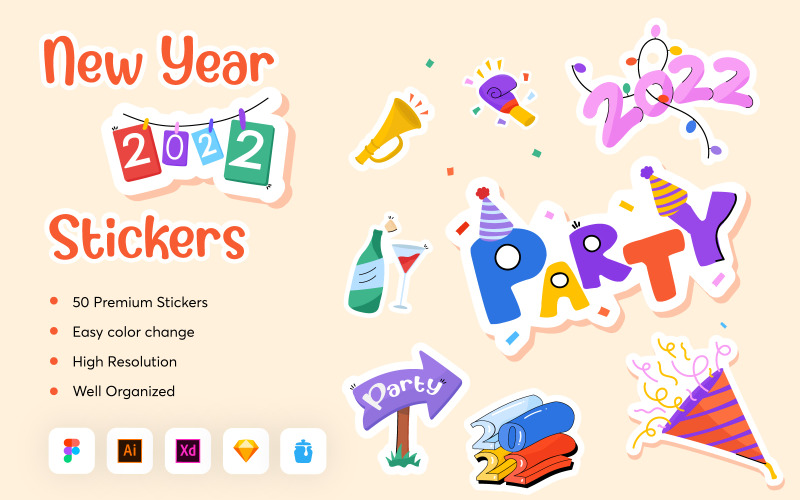 50 New Year 2022 Stickers #222384 - TemplateMonster